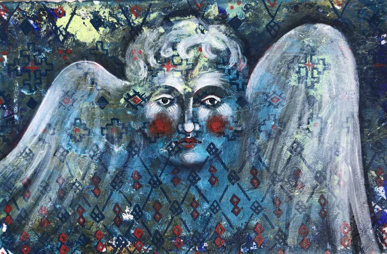 “CHERUB” SMALL BLUE ANGEL PAINTING Painting by Yuliia Chaika | Saatchi Art