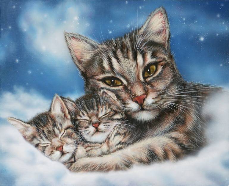 Mom with kittens Painting by Henadzi Kamko | Saatchi Art