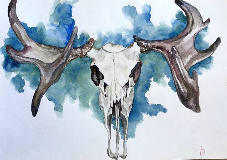 Deer skull on blue Painting by Diana Pokozyeva | Saatchi Art