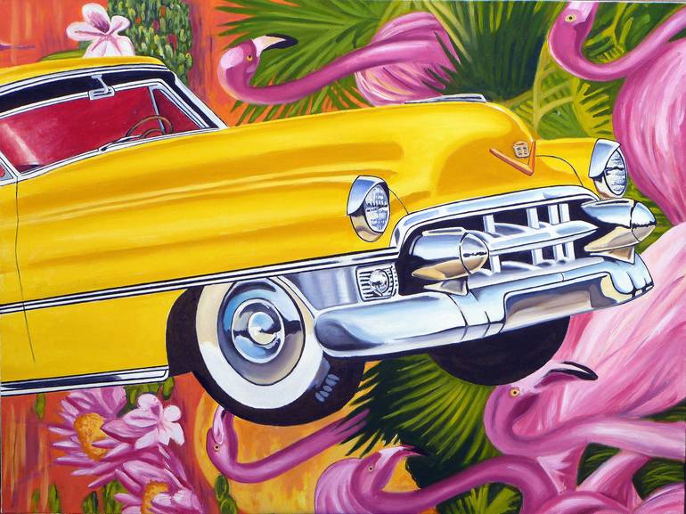 Yellow Doga and Pink Flamingos Painting by Mark Hugunin | Saatchi Art