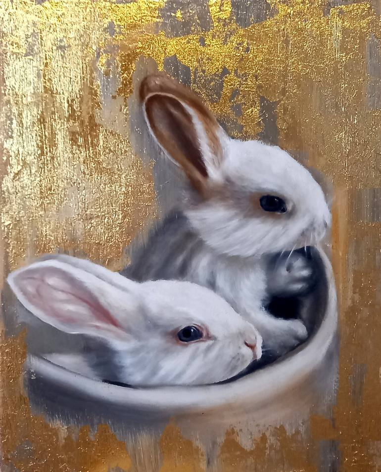 Rabbits in gold Painting by Irina Vargas | Saatchi Art