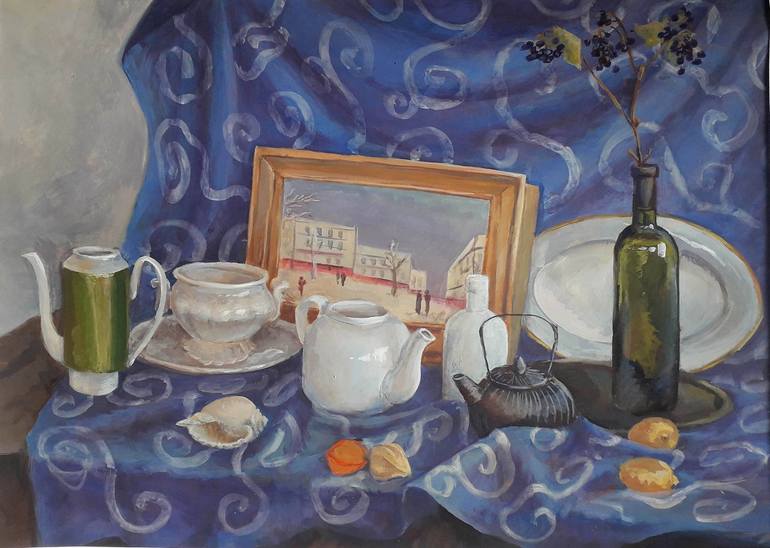 Still life with blue drapery Painting by Yulia Babulina | Saatchi Art