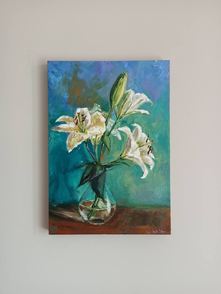 White lilies, Lily bouquet still life bright oil painting Painting by ...