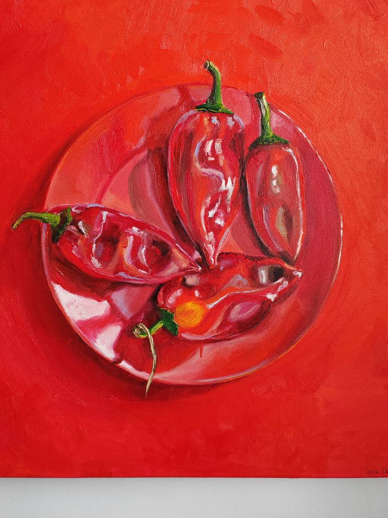 Fiery Red Still Life with Paprika on a Plate Painting by Leyla Demir ...