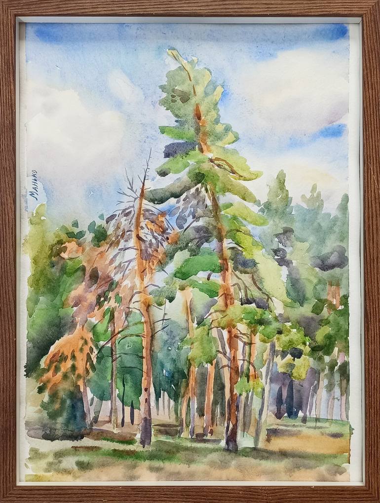 Landscape with pine trees Painting by Yuliya Manko | Saatchi Art