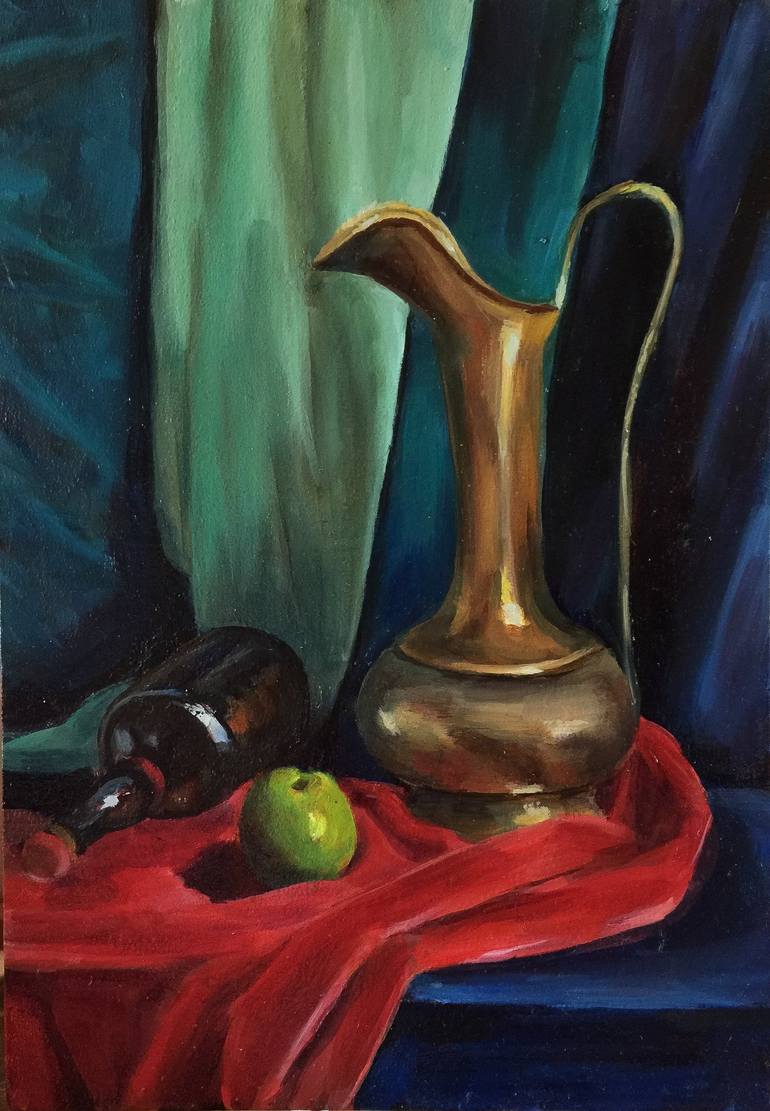 Oriental still life -oil painting on cardboard, original gift, red ...