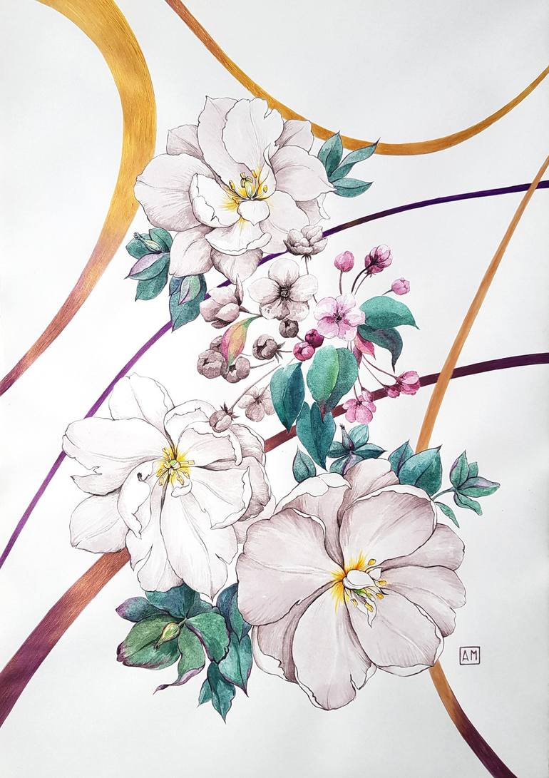 Flowers on a background of golden lines. Painting by Arina Morozova ...