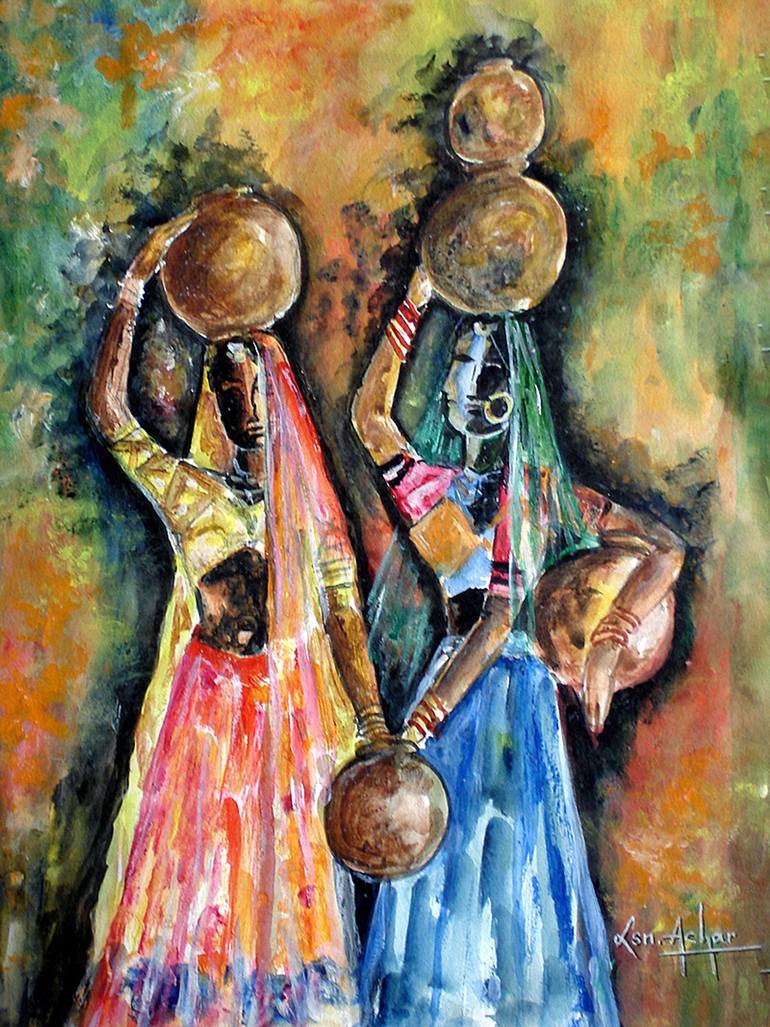 Carrying Water Pots Painting by LSN Achar achar | Saatchi Art