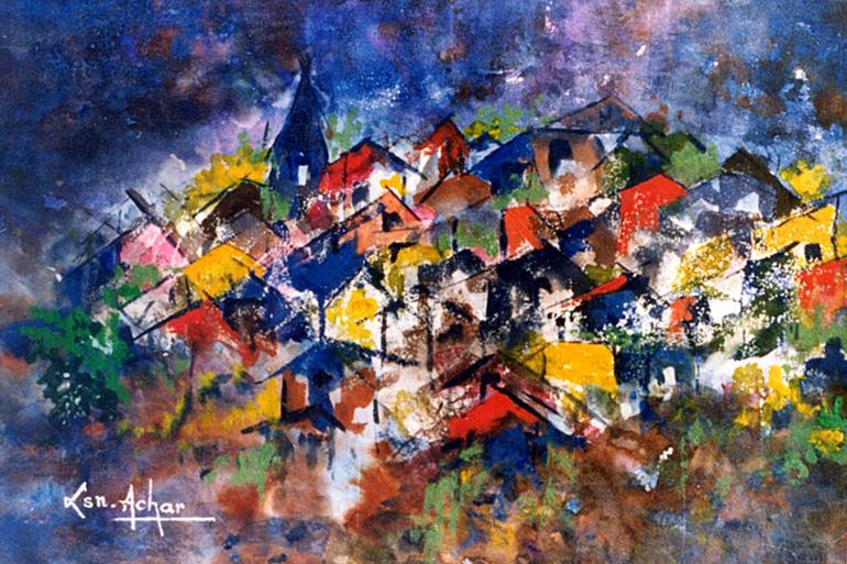 Village in a Valley Painting by LSN Achar achar | Saatchi Art