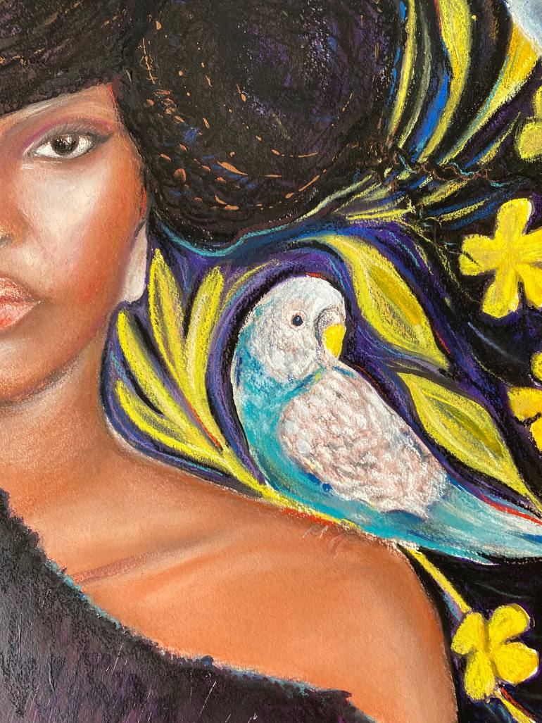 Beauty and her budgies Painting by Maria Titan | Saatchi Art