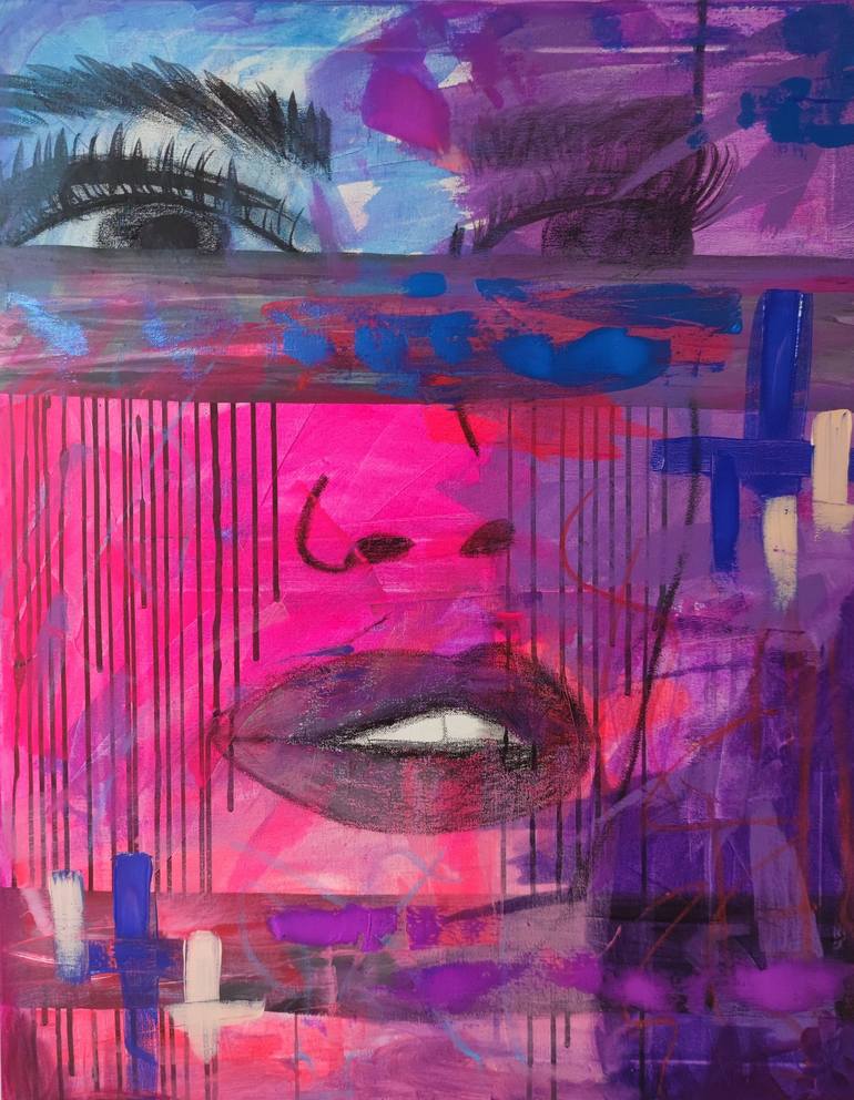 Stay, original abstract neon painting, portrait, woman Painting by Olya ...