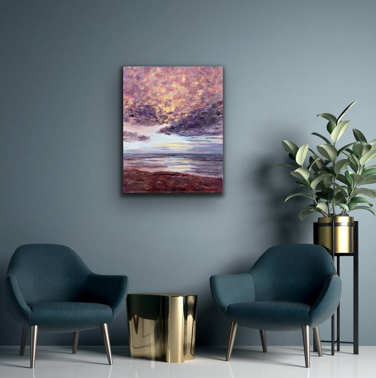 PINK SUNSET ON OCEAN BEACH | abstract seascape Painting by Alexandra Da ...