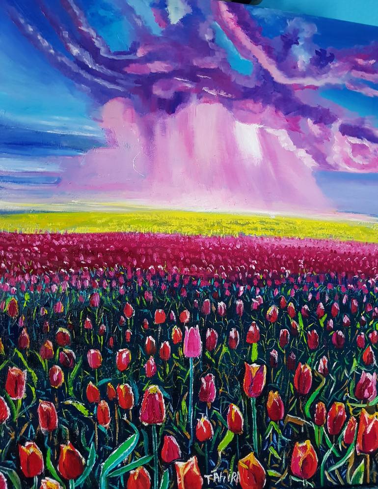 field with tulips Painting by Tahira Quliyeva | Saatchi Art