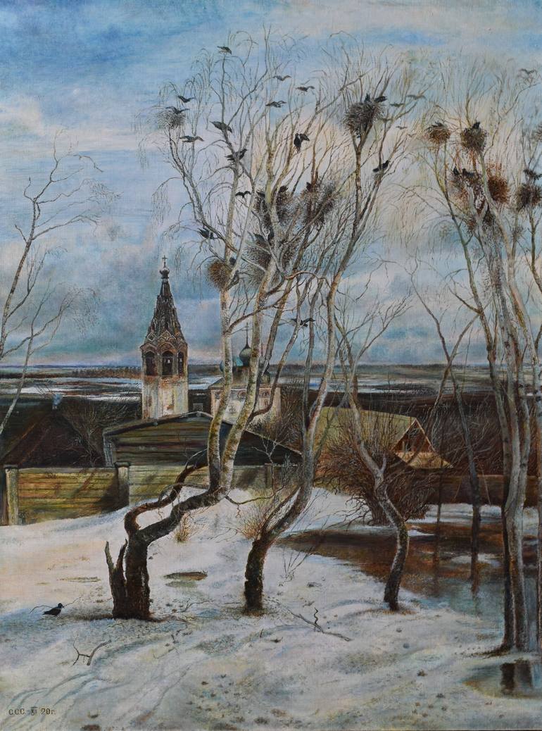 THE ROOKS HAVE ARRIVED - reproduction A. Savrasov, early spring, rooks ...