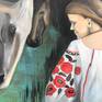 Ukrainian girl and two horses in a farm, embroidered shirt Painting by Elena Kazakova | Saatchi Art