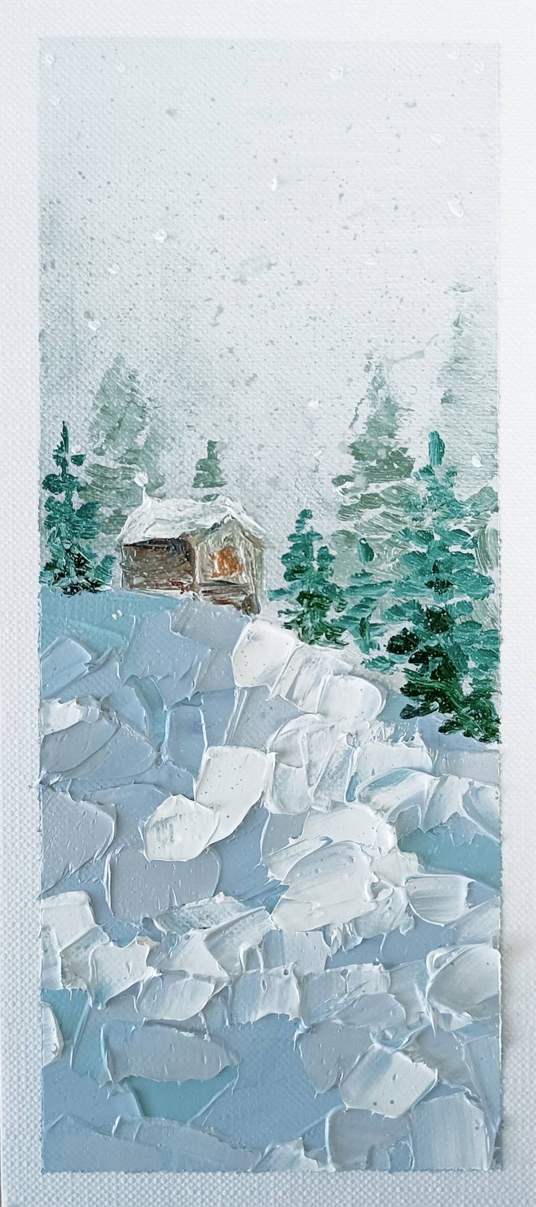 Winter 7 Abstract oil painting landscape with snow and christmas trees ...