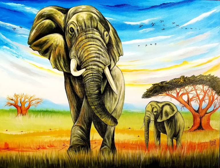 Savannah elephants Painting by Kevin Jjagwe | Saatchi Art
