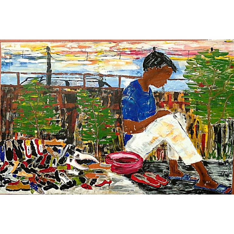 That street shoe seller Painting by Kingsley Nwangborogwu | Saatchi Art
