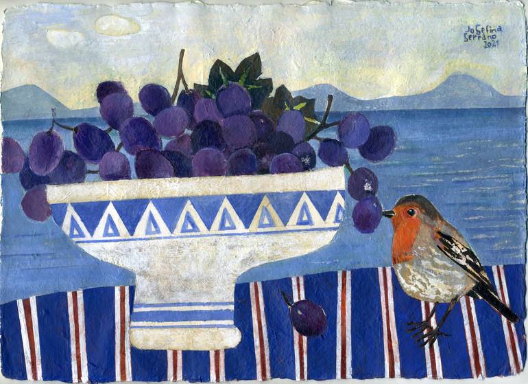 Grapes and robin Painting by Josefina Serrano | Saatchi Art