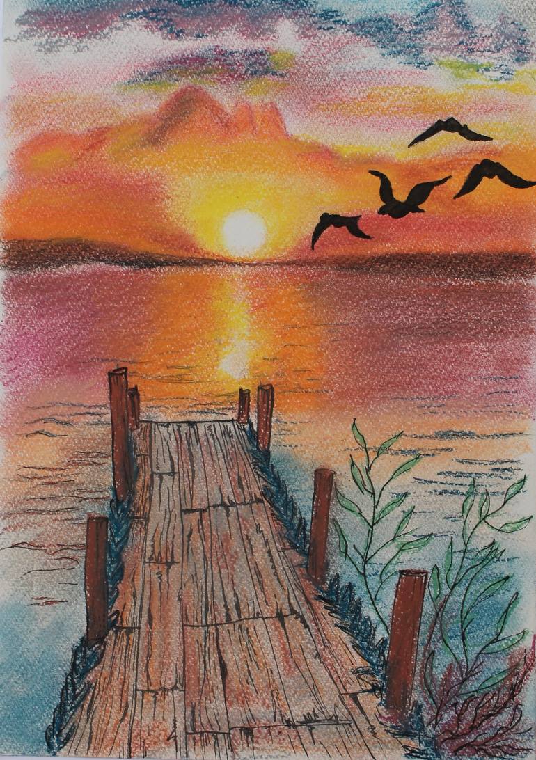 Sunset at the pier Drawing by Iryna Efremova | Saatchi Art