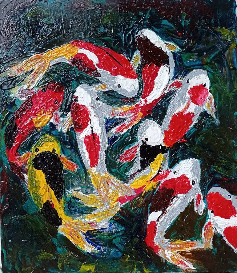 Nine Lucky Koi Fish Painting by Arie Ardhana | Saatchi Art