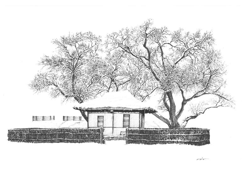 Hand drawn winter Korean thatched cottage Drawing by Nahyun Kim ...