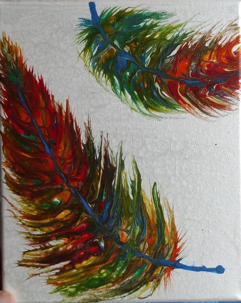 Feather painting, Feather Pour Acrylic Painting, Feather Acrylic Art ...