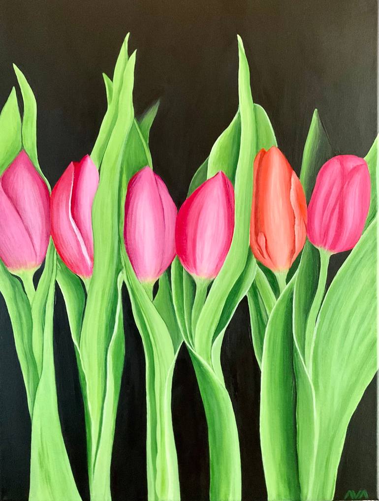 Glowing Tulips - 18x24 Inch Acrylic Painting Painting by Alla Kallass ...