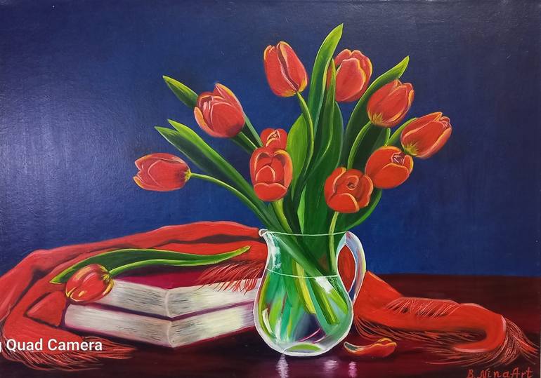 Красные тюльпаны, стеклянная ваза, книги Счастье Painting by Nana ...