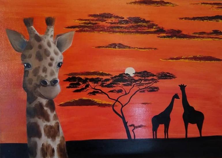 Giraffe, painting in red tones in the living room Painting by Mariia ...