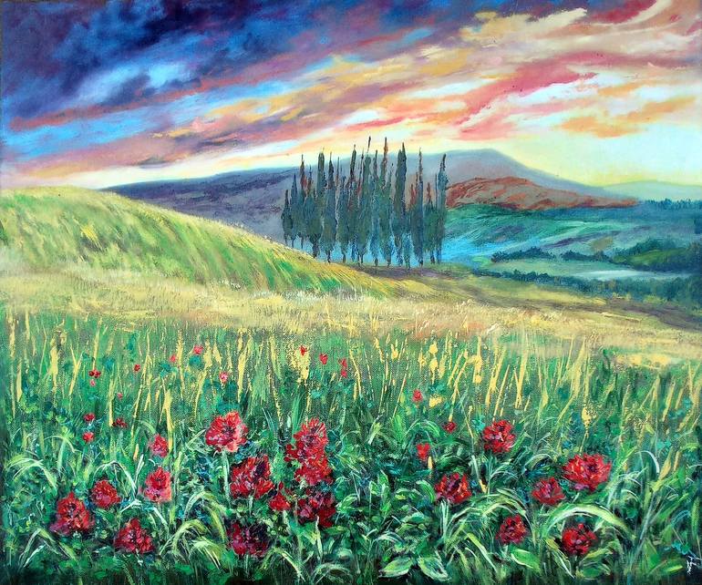 The Flowering Tuscan Hills With Cypresses At Sunset. Painting by Viktoriya Filipchenko | Saatchi Art