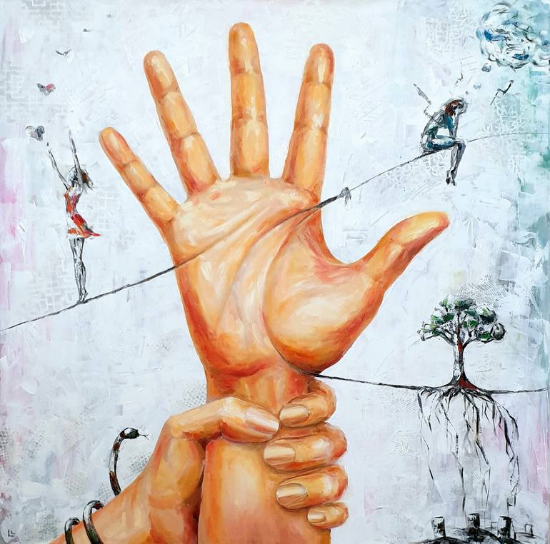 Surreal art, painting hands, surrealism, oil and acrylic original ...