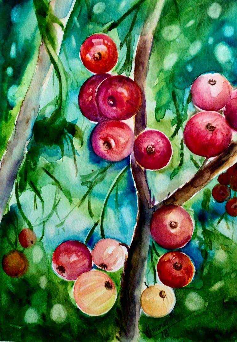 Scarlet Whispers - Red Berries Painting by Mrinmay Sebastian | Saatchi Art