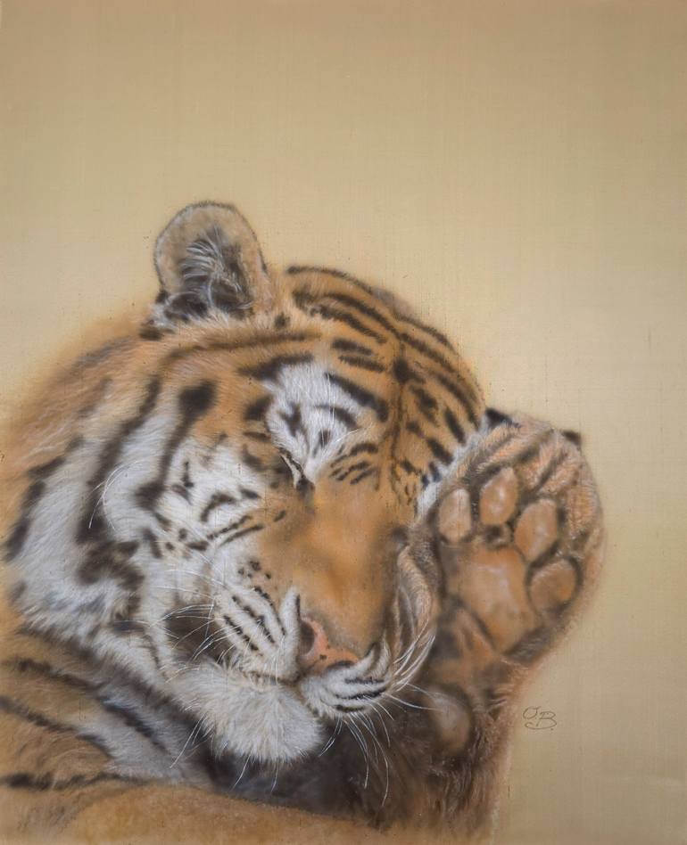Dreamy tiger I – Realistic Tiger portrait on pure silk Painting by Olga ...