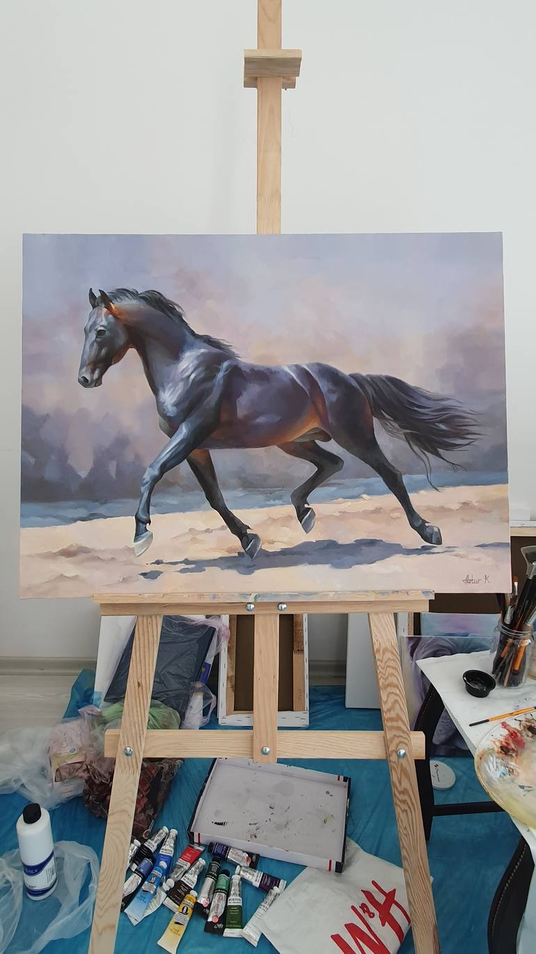 black horse in motion | running horse oil painting Painting by Artiom ...