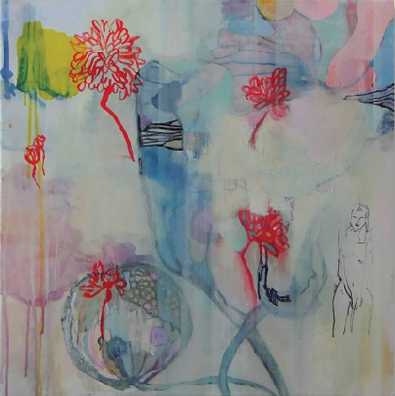 RED FLOWERS ON FLOWERED BACKGROUND Painting by Daniela Marten Rothe ...