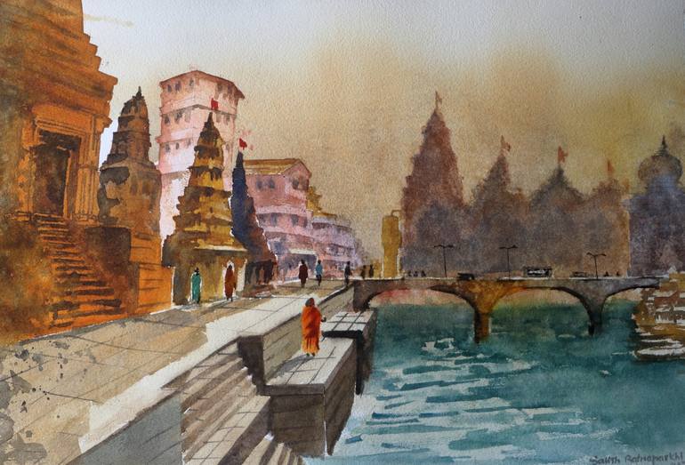 Varanasi Ghat Painting by Satish Ratnaparkhi | Saatchi Art