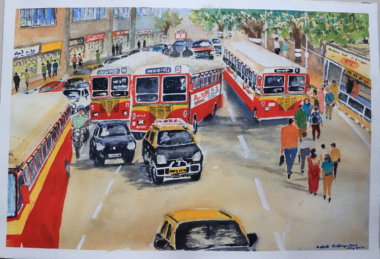 Mumbai Red Bus and street view Painting by Satish Ratnaparkhi | Saatchi Art