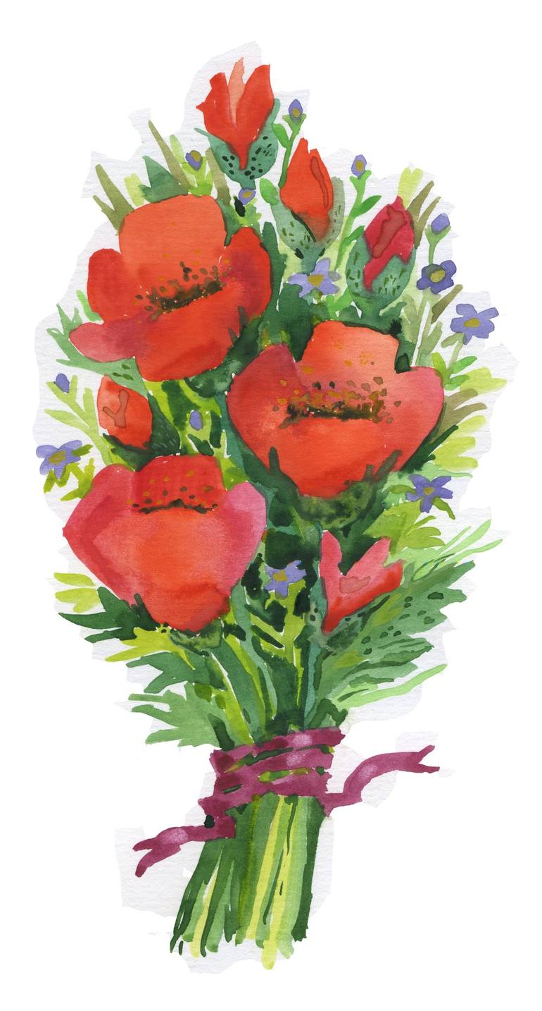 poppies and forget-me-nots bouquet tied with a ribbon Drawing by Masha ...