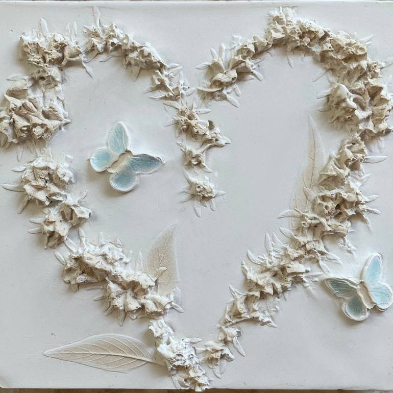 Blue Butterflies Botanical Bas Relief Plaster Heart Sculpture by Ruth ...