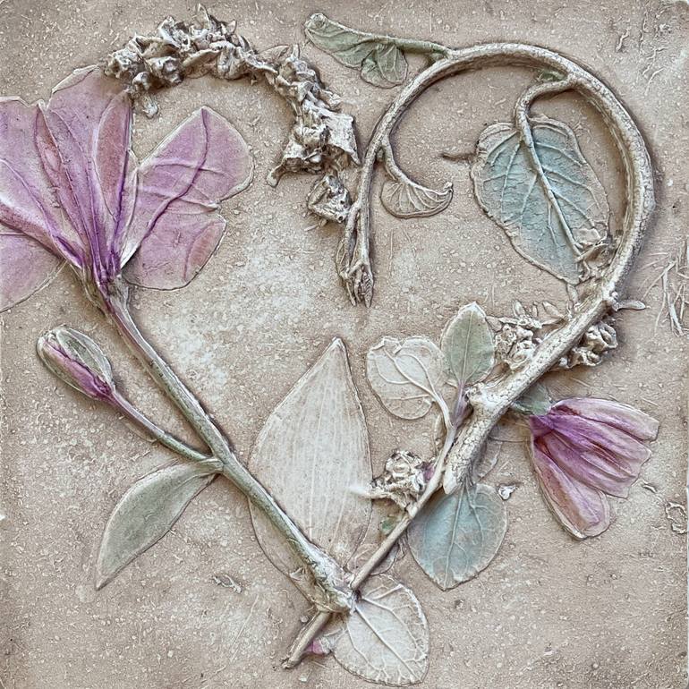 Plaster Violet Floral Heart Relief Sculpture by Ruth Welter | Saatchi Art