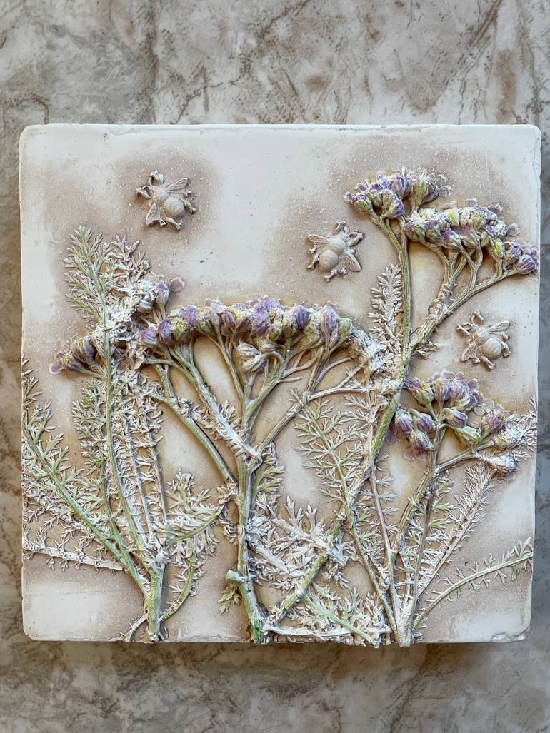 Bumblebees & Yarrow Flowers Botanical Imprint Cast Sculpture by Ruth ...