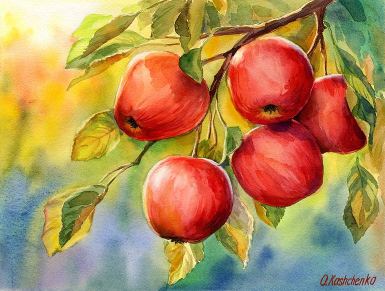 Original watercolor fall painting with red apples Painting by Elena ...