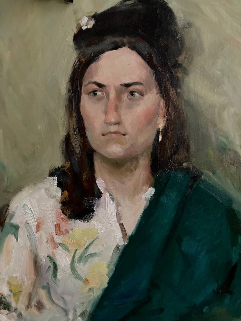 Portrait of a girl on a green background. Painting by Dmitriy Danilov | Saatchi Art