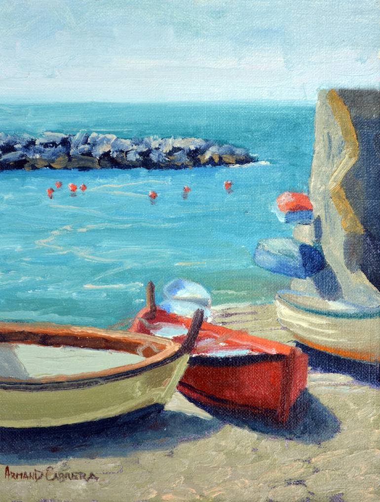 Boats Riomaggiore Painting by Armand Cabrera | Saatchi Art