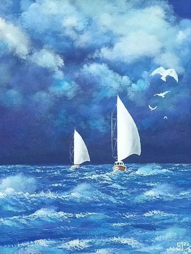 Blue ocean and sailors Painting by Yahya Hadisusilo | Saatchi Art