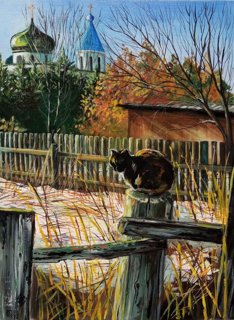 Country cat landscape rural acrylic painting Painting by Olga Dmitrieva ...