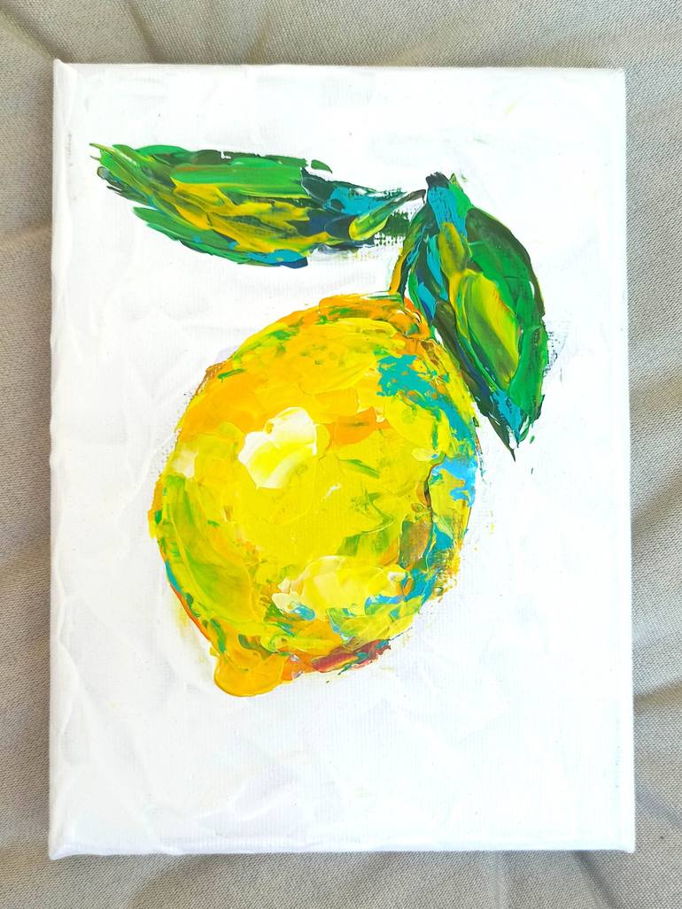 Lemon with green leaves impasto art, fruit art Painting by Katja Artsy ...