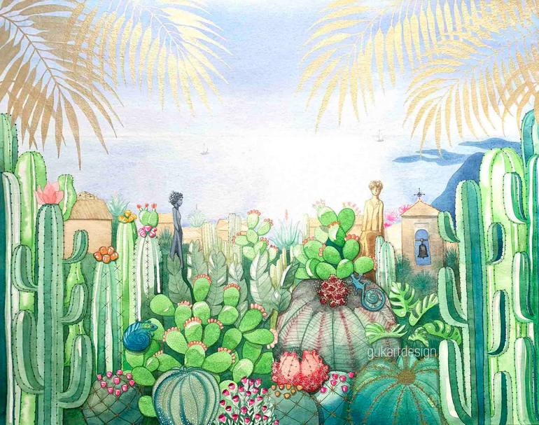 Exotic Garden in Eze Village Painting by Karin Sarfati | Saatchi Art