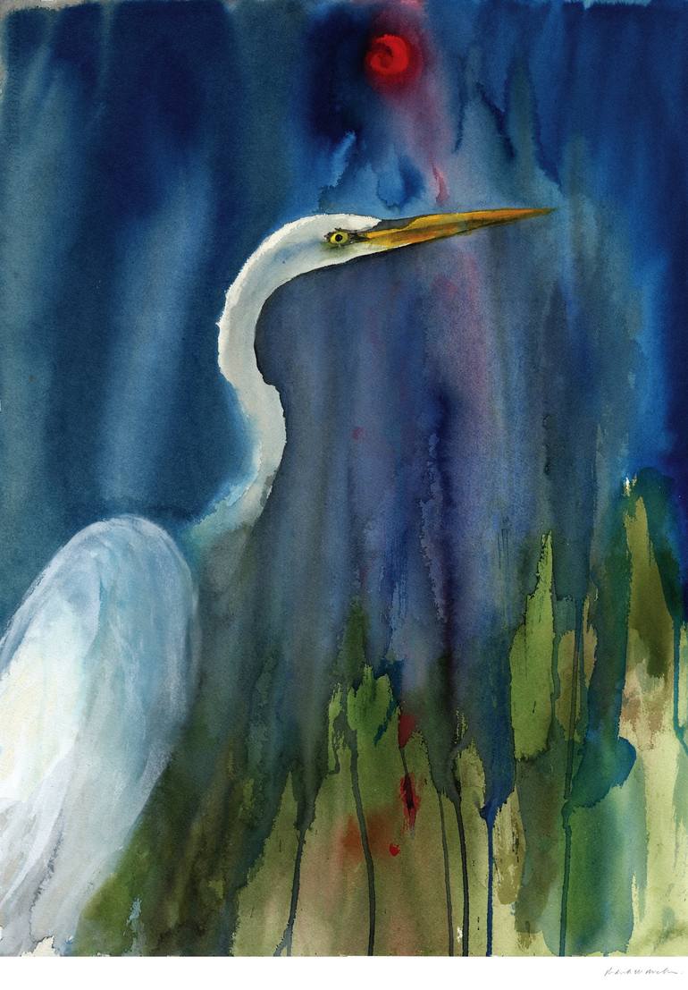 Great Egret Blue Painting by Roderick MacIver | Saatchi Art